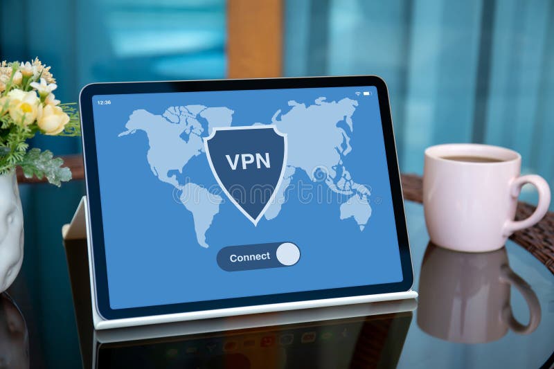 Computer Tablet with App Vpn on Screen in Blue Cafe Stock Illustration ...