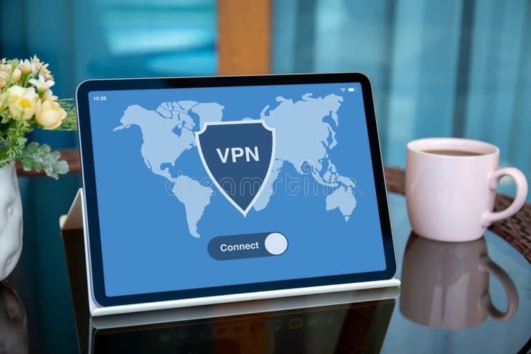 Computer Tablet with App Vpn on Screen in Blue Cafe Stock Illustration ...