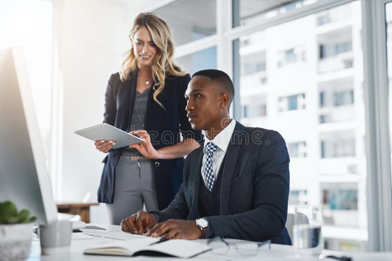 Computer, Tablet and Coach with Businessman in Office for Opinion ...