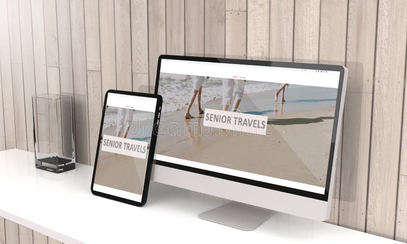 Computer and Tablet 3d Rendering Showing Travel Agency for Seniors ...