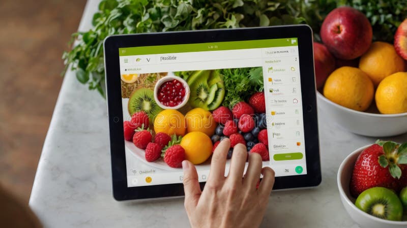 A Computer Tablet Displaying a Healthy Diet App, Surrounded by Fresh ...