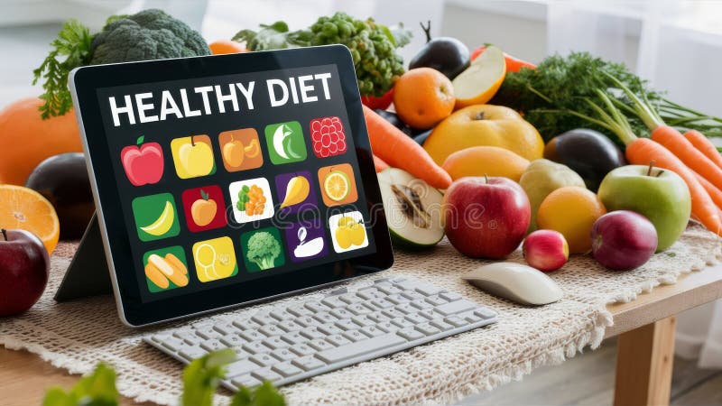 A Computer Tablet Displaying a Healthy Diet App, Surrounded by Fresh ...