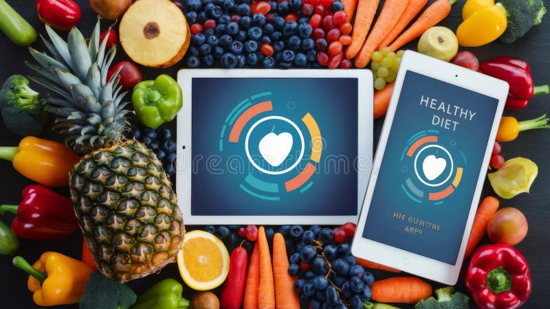 A Computer Tablet Displaying a Healthy Diet App, Surrounded by Fresh ...