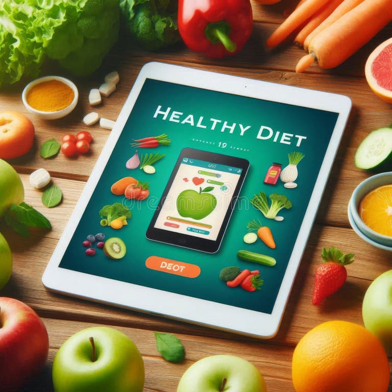 A Computer Tablet Displaying a Healthy Diet App, Surrounded by Fresh ...