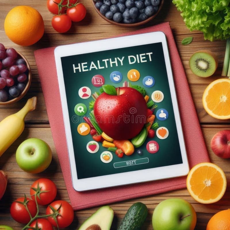 A Computer Tablet Displaying a Healthy Diet App, Surrounded by Fresh ...