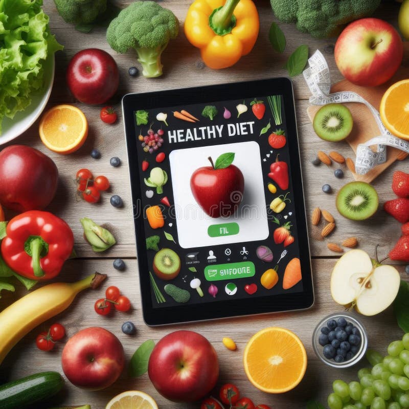 A Computer Tablet Displaying a Healthy Diet App, Surrounded by Fresh ...