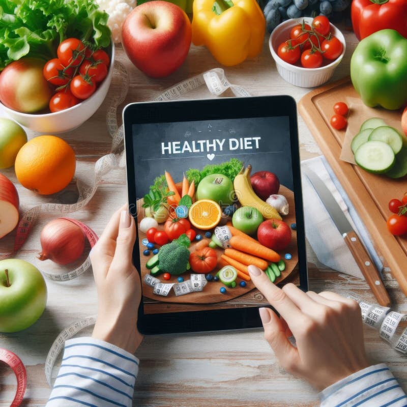 A Computer Tablet Displaying a Healthy Diet App, Surrounded by Fresh ...