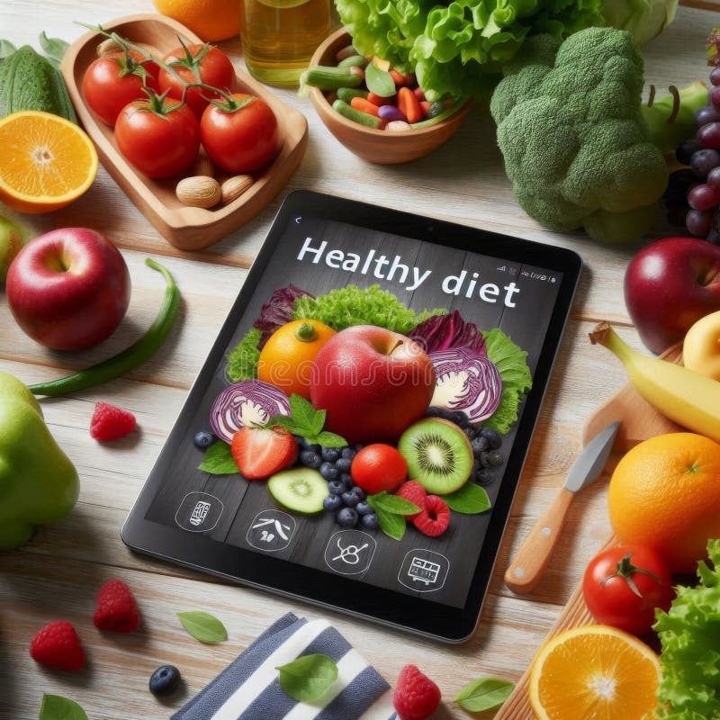 A Computer Tablet Displaying a Healthy Diet App, Surrounded by Fresh ...