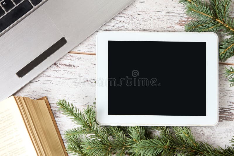 Computer Tablet. Green Spruce Branch. Notebook Stock Image - Image of ...