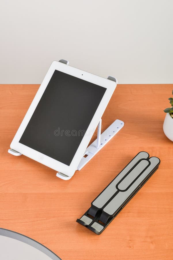 Computer Tablet, Holder on Wooden Table. Stock Image - Image of holder ...