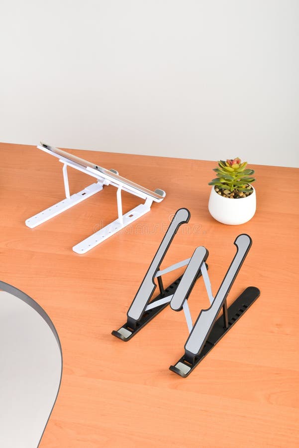 Computer Tablet, Holder on Wooden Table. Stock Photo - Image of monitor ...