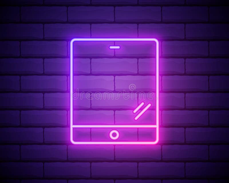Computer Tablet Icon. Colourful Pink Neon Icon at Dark Brick Wall ...