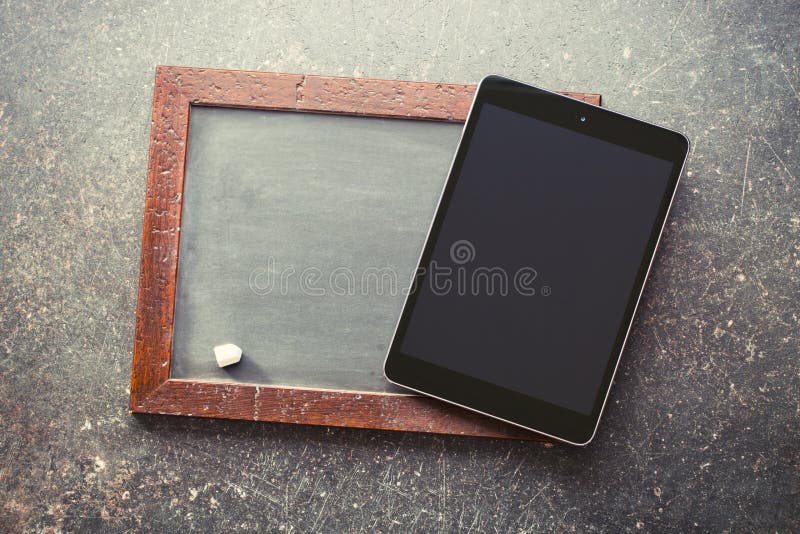 Computer Tablet and Old Chalkboard Stock Photo - Image of digital ...