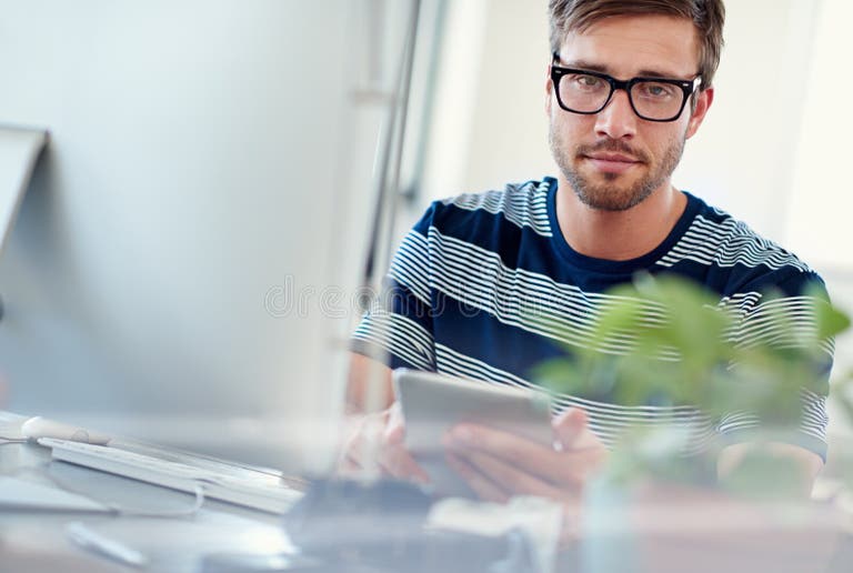 Computer, Tablet and Portrait of Man with Creative Planning, Research ...