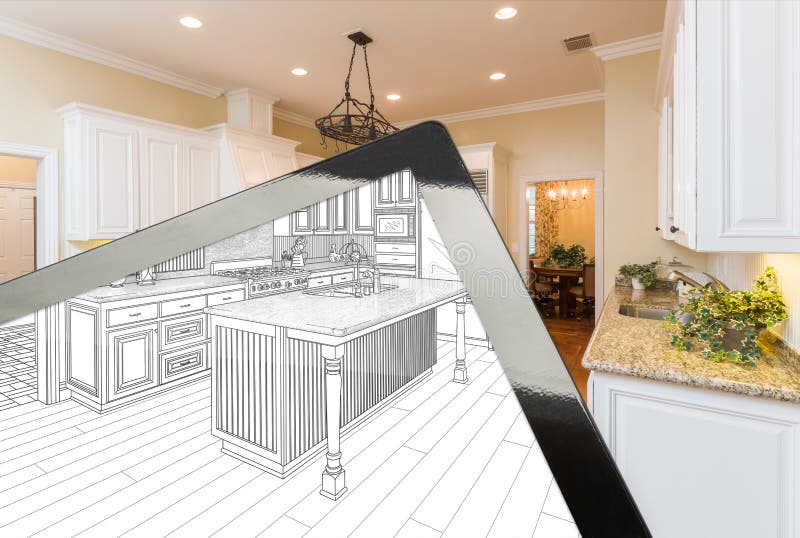 Computer Tablet Showing Drawing of Kitchen Photograph Behind Stock ...