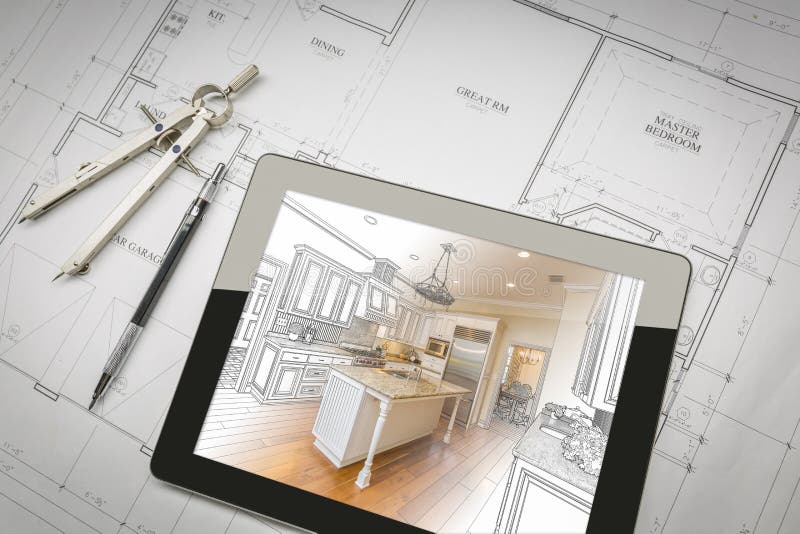 Computer Tablet Showing Kitchen Illustration on House Plans, Pen Stock ...