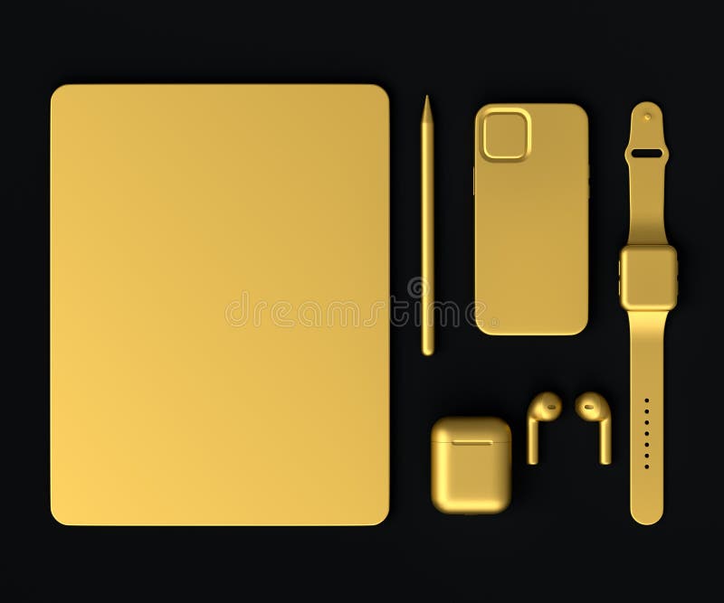 Computer Tablet with Stylus, Smart Watch, Phone and Headphones on Black ...