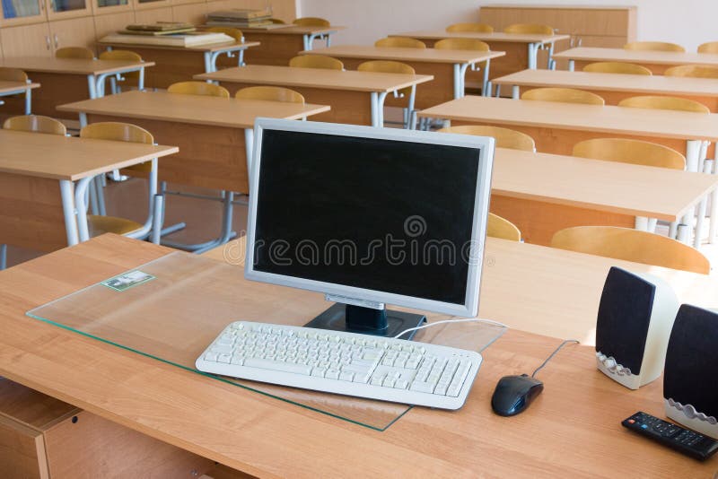 Computer on Teacher`s Table in Auditorium Stock Photo - Image of high ...
