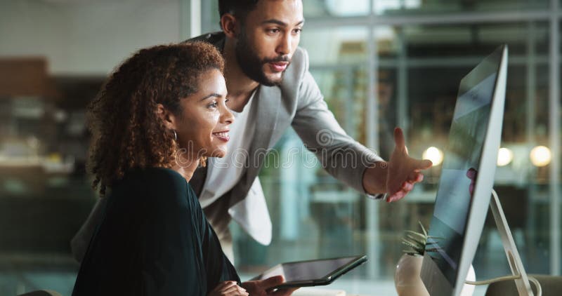 Computer, Team and Business People in Training, Help or Mentor ...