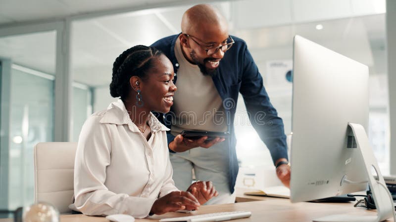 Computer, Teamwork and Review with Business People in Office for ...