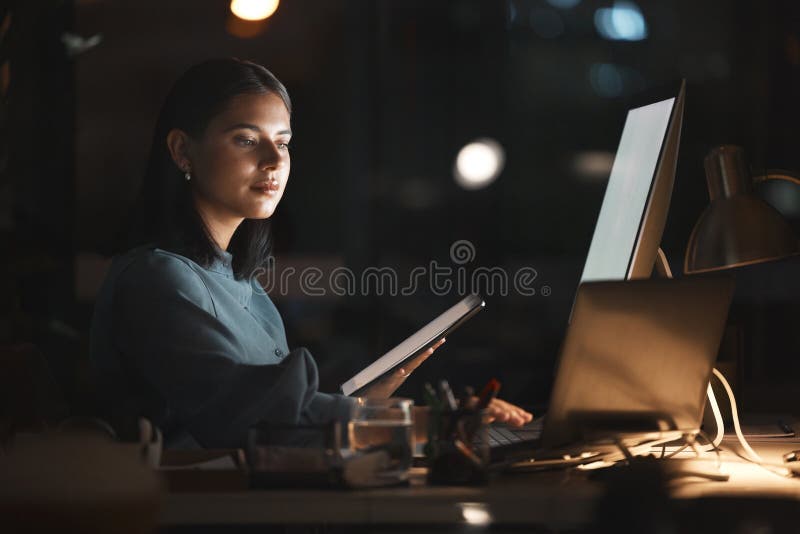 Computer Tech Night And Woman With Tablet Working On Database Programming Code Ai Development