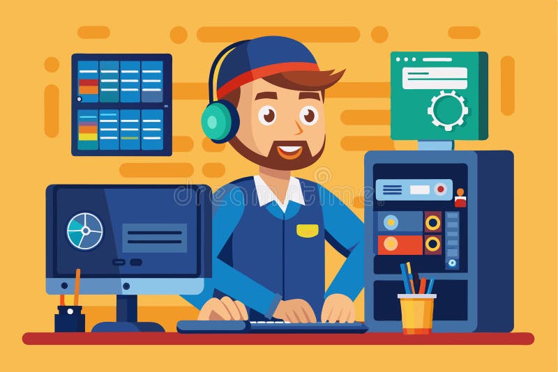 A Computer Technician Assists Clients at a Workstation Equipped with ...