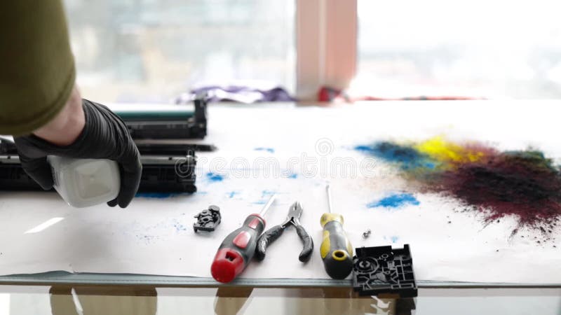 Computer Technician Engineer is Refilling a Laser Toner Cartridge ...