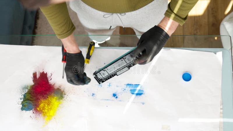 Computer Technician Engineer is Refilling a Laser Toner Cartridge ...