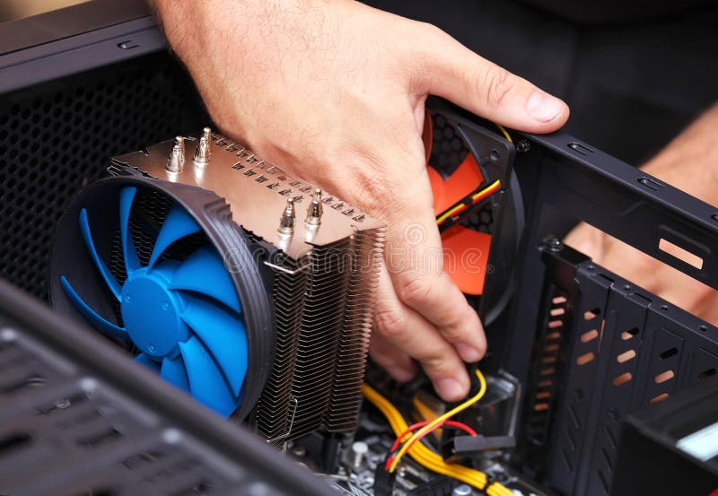 Computer Technician Installing Cooler Fan. Stock Image - Image of ...
