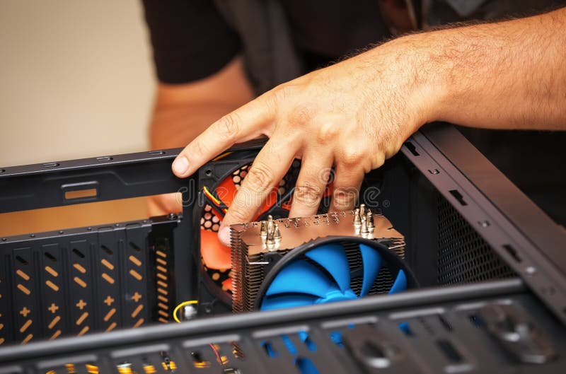 Computer Technician Installs System of Computer. Stock Photo - Image of ...
