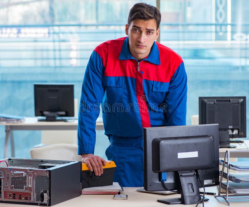 Computer Technician Repairing Broken Computer in Workshop Stock Photo ...