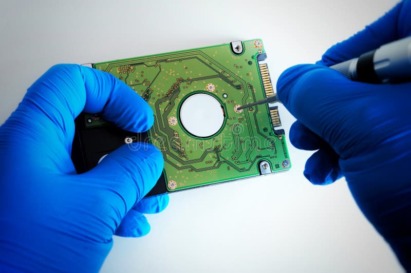 Computer Technician Working with Blue Gloves Stock Image - Image of ...