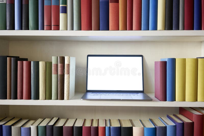 Computer Technology in Colorful Bookcase Stock Image - Image of ...