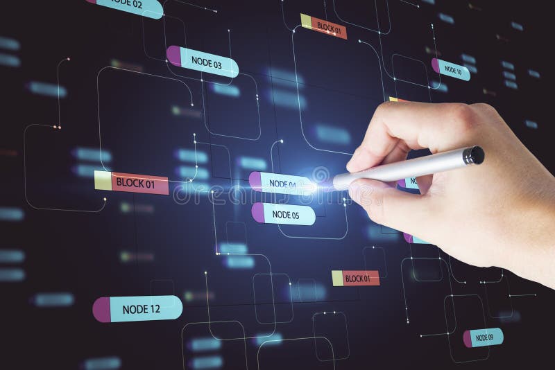 Computer Technology Concept with Hand Pushing Digital Screen with Node ...