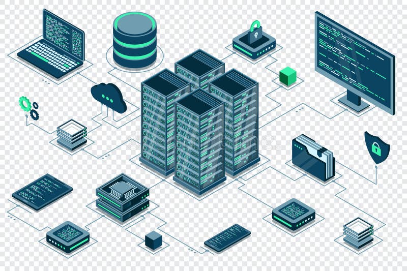 Computer Technology Isometric Illustration. Computation of Big Data Center. Cloud Computing ...