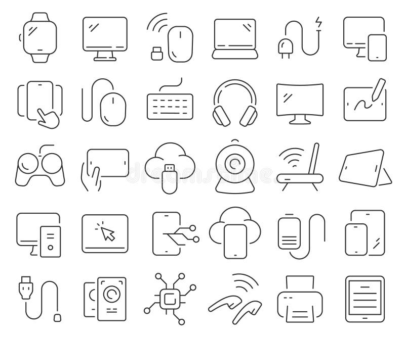 Computer Technology Line Icons Collection Thin Outline Icons Pack Stock Vector Illustration