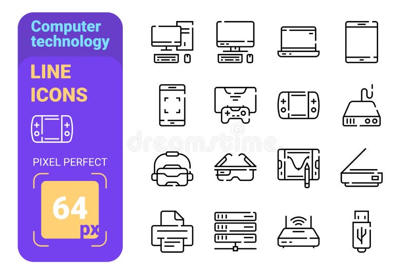 Computer Technology Line Icons Set Stock Vector - Illustration of ...