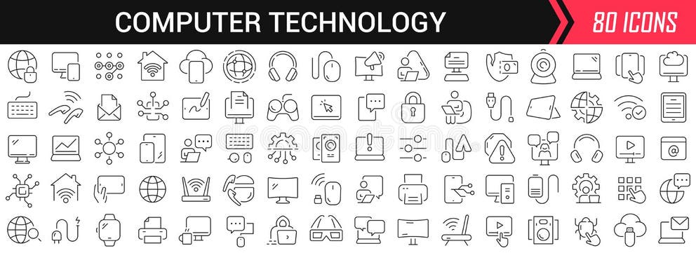 Computer Technology Linear Icons in Black. Big UI Icons Collection in a ...