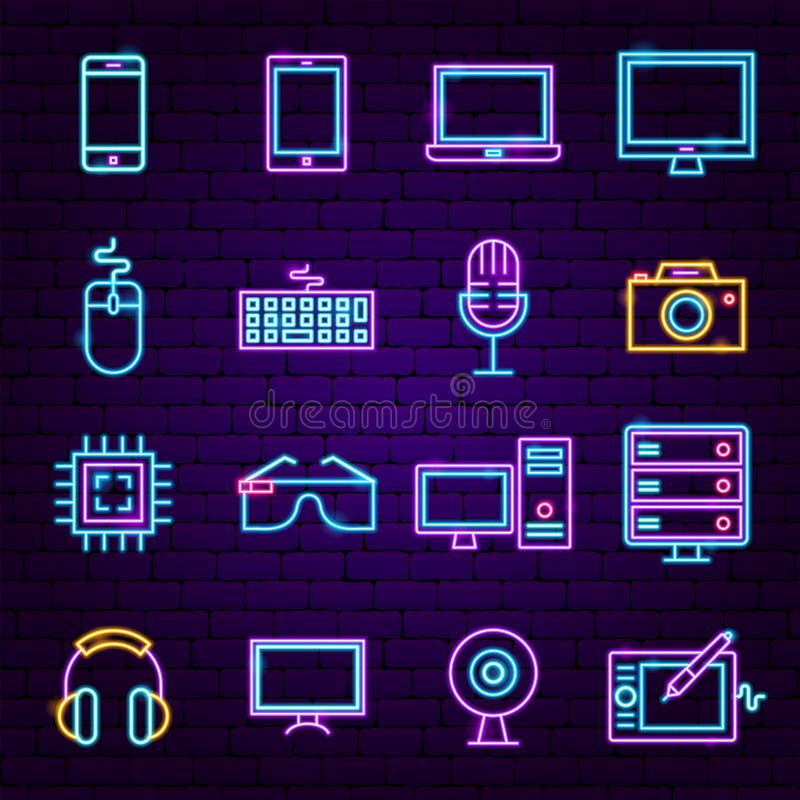 Computer Technology Neon Icons Stock Vector - Illustration of electric ...