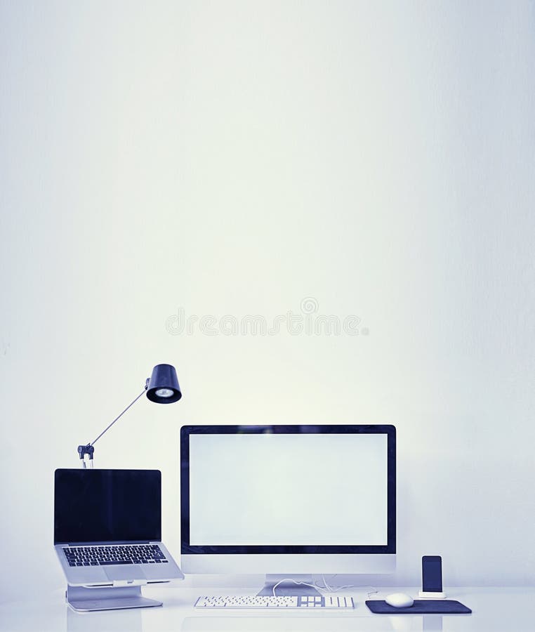 Computer, Technology and Workspace with Mockup Screen of Equipment or ...