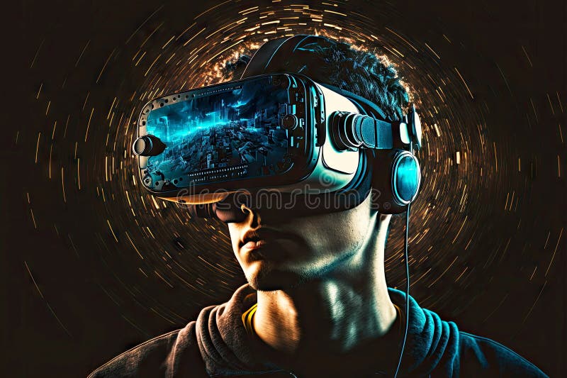 Computer Technology Young Guy Wearing Virtual Reality Gles Vr Headset ...