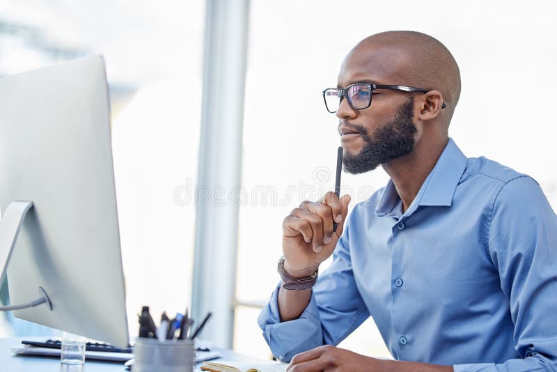 Computer, Thinking and Black Man in Office for Planning, Problem ...