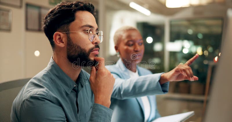 Computer, Thinking and Business People in Office at Night Working on ...