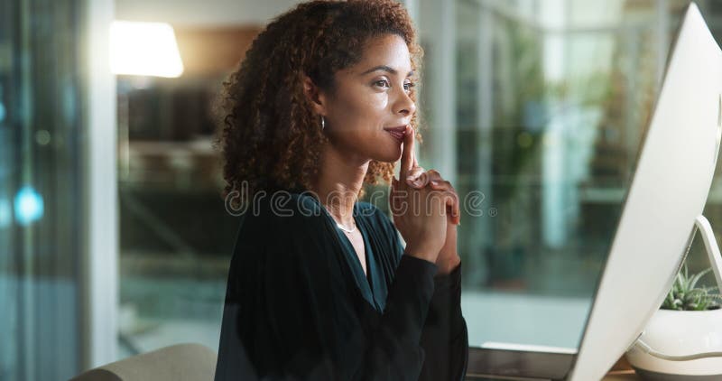 Computer, Thinking and Business Woman in Office for Vision, Creative ...