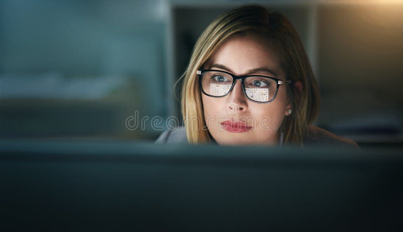 Computer, Thinking and Glasses of Woman at Night for Reading Email ...