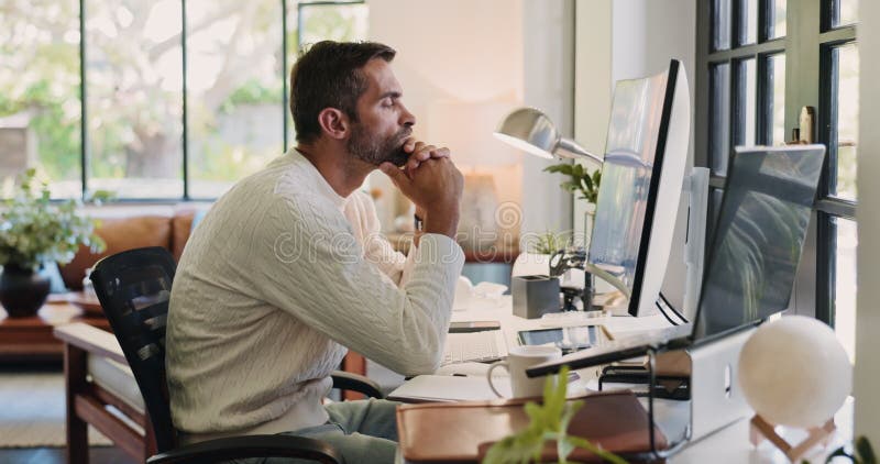Computer, Thinking and Typing with Man in Home Office for Remote Work ...