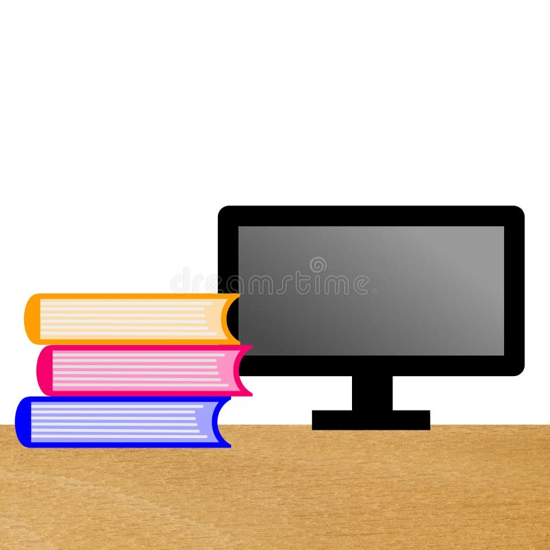 Computer and Three Books on a Table Stock Illustration - Illustration ...