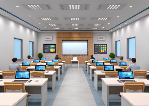 Computer Training Classroom with Students and Instructors at Desks Education Stock Illustration ...