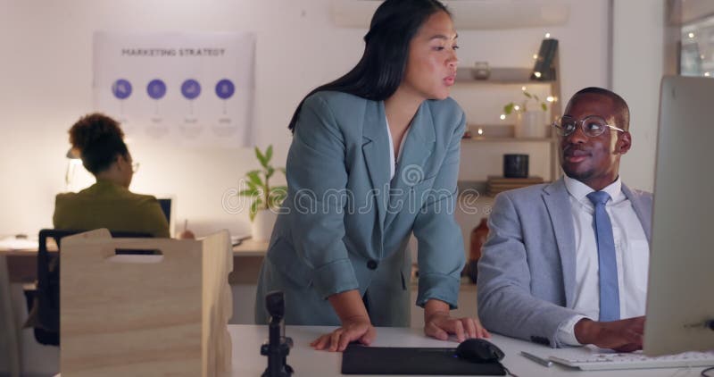 Computer, Training and Mentor Helping Black Man, New Worker or Intern with Project Management at ...