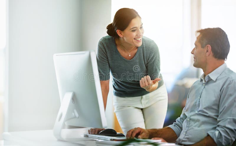 Computer, Training or Smile with Employee and Mentor in Office Together ...